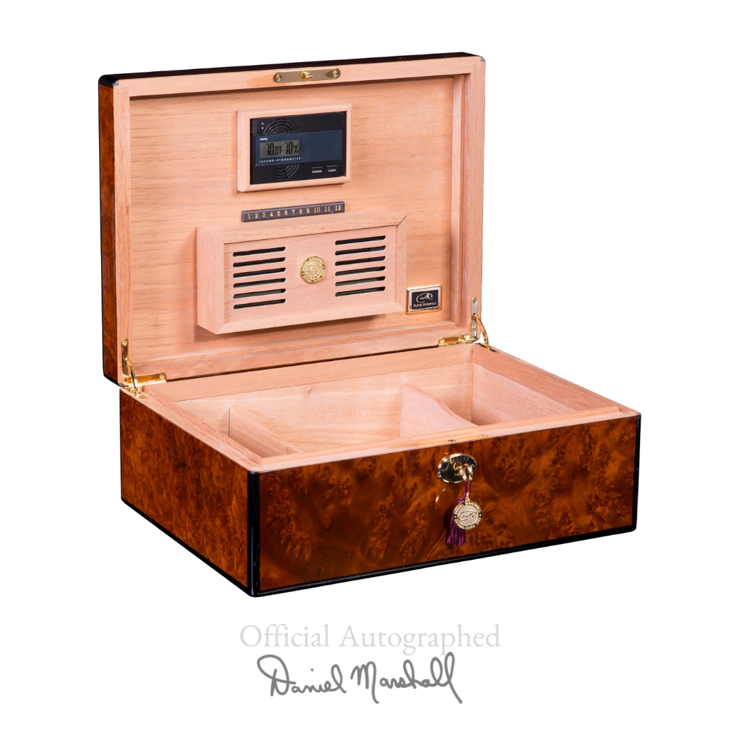 AUTOGRAPHED DANIEL MARSHALL 125 HUMIDOR BURL WITH LIFT OUT TRAY INSTAL ...